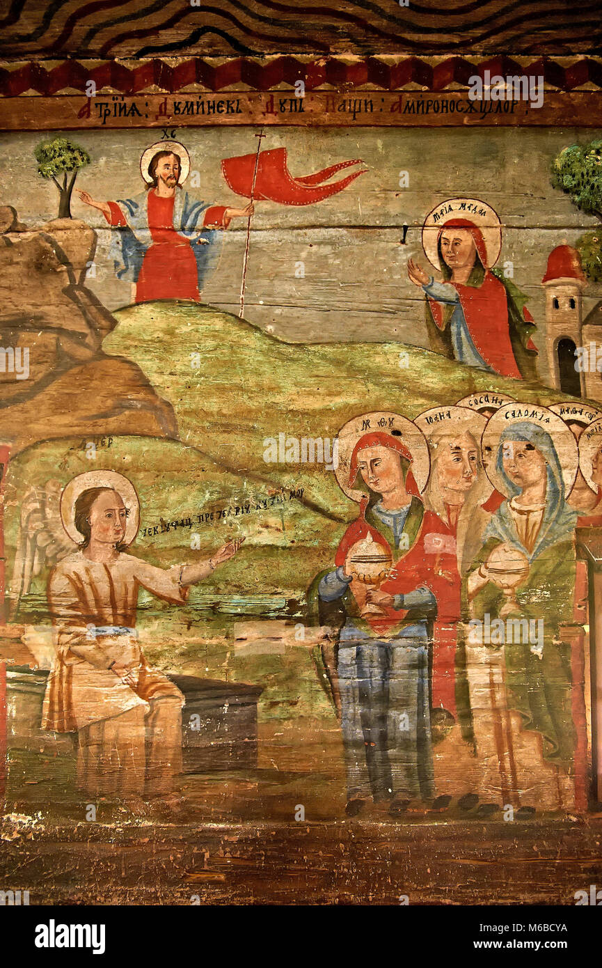 Naive folk christian frescoes in the interior of the Orthodox Wooden ...