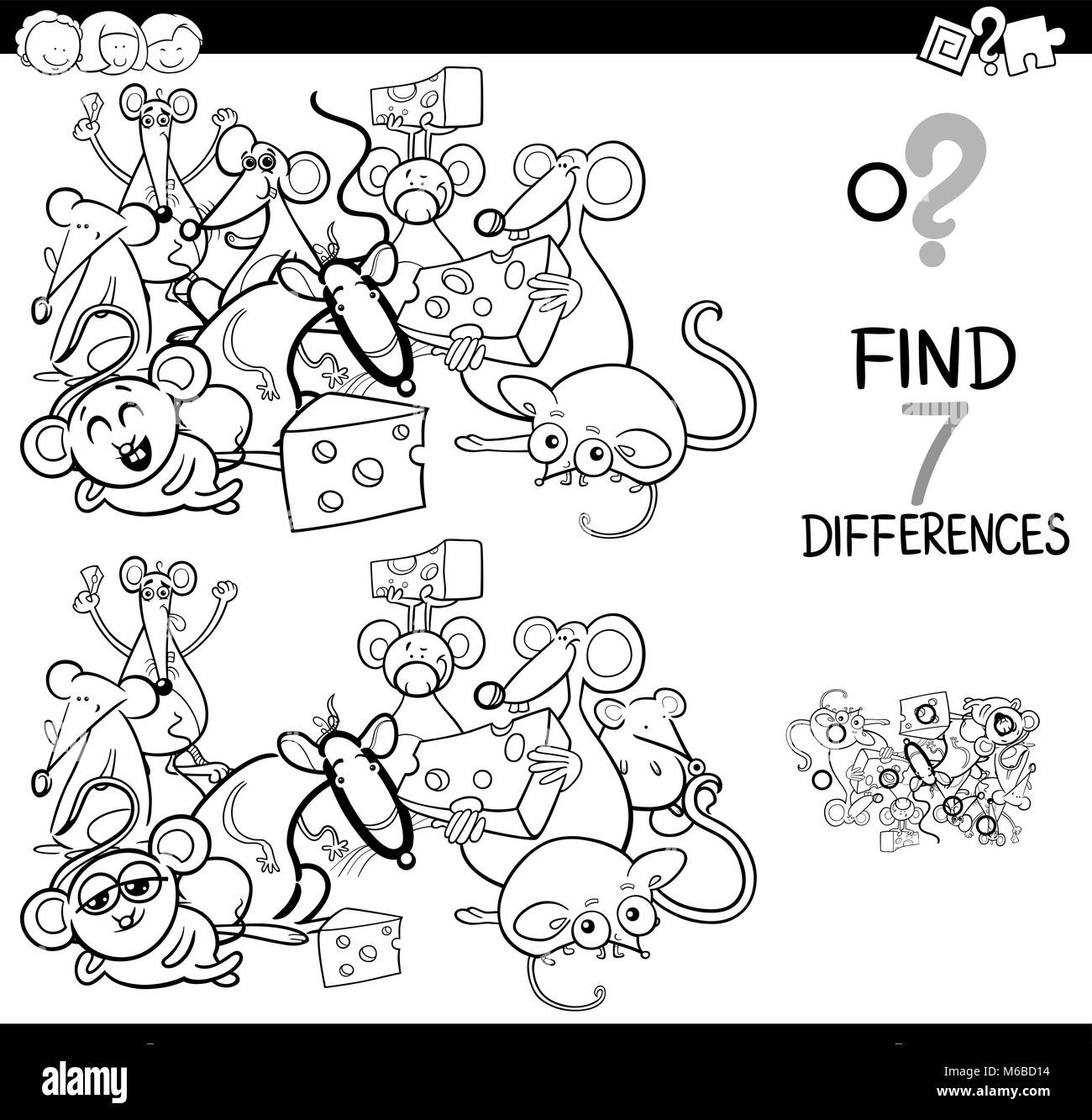 Black and White Cartoon Illustration of Finding Seven Differences Between Pictures Educational ...