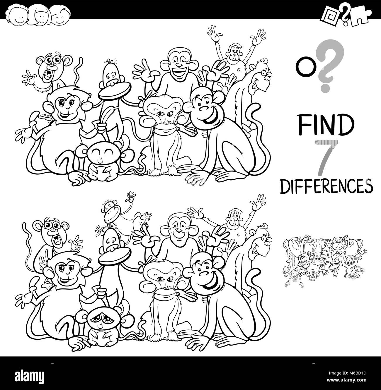 Black and White Cartoon Illustration of Finding Seven Differences ...