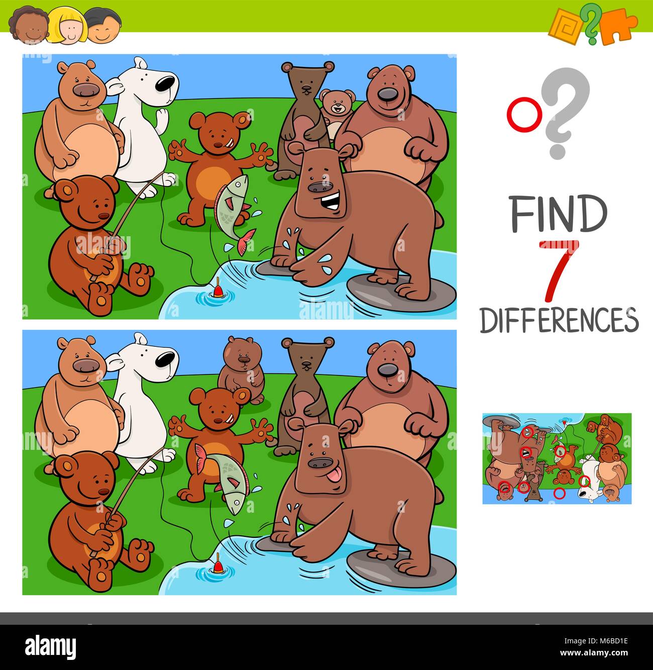 Cartoon Illustration of Finding Seven Differences Between Pictures Educational Activity Game for ...