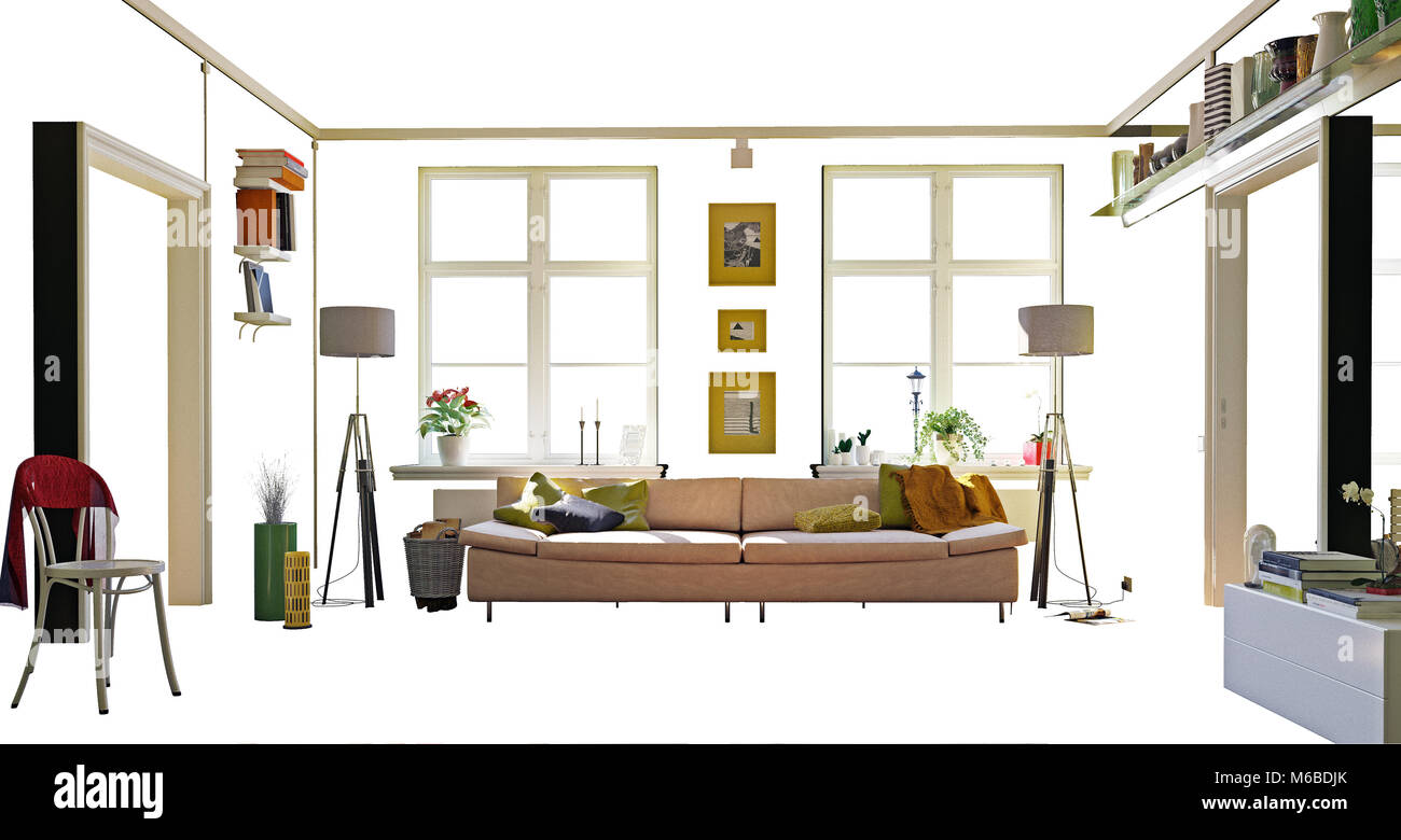 Isolated home interior furniture and decor. 3d illustration concept ...