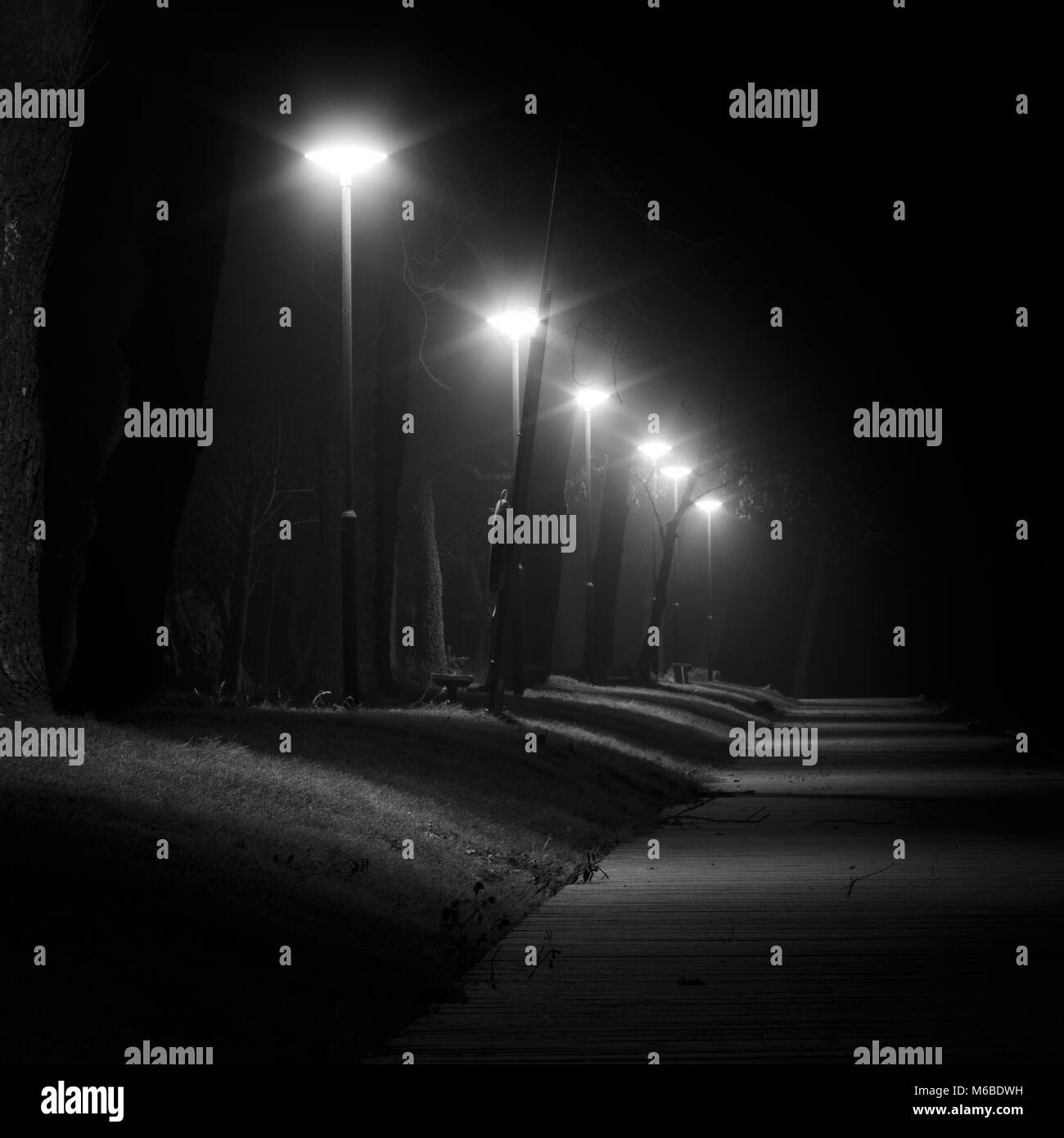 Black and white photo of lamp posts and mist Stock Photo - Alamy