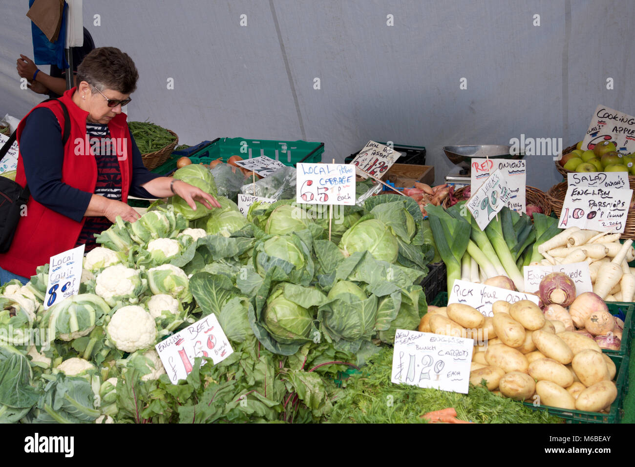 Customer looking through locally grown produce in the market at Boston ...