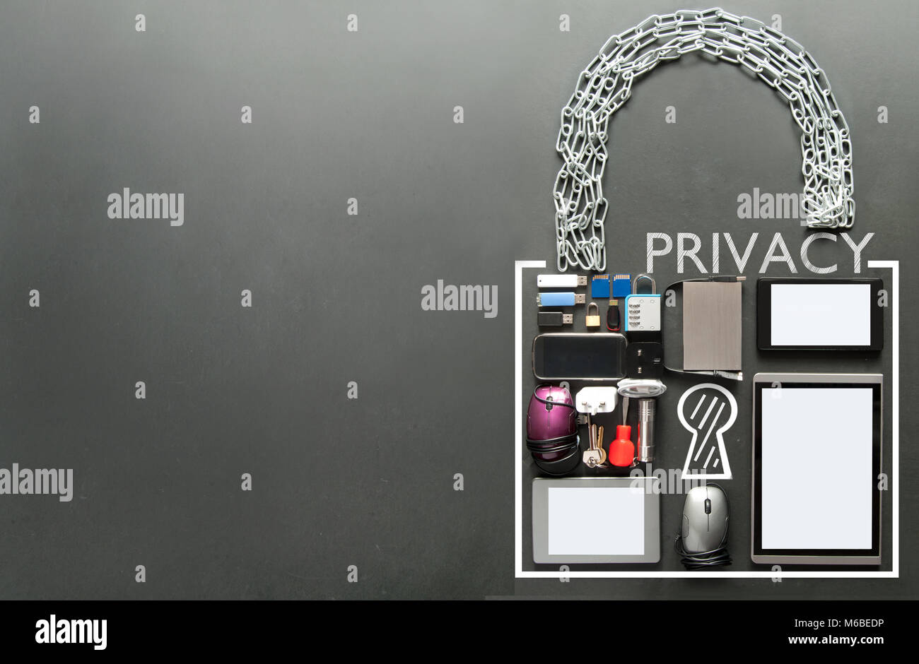 Privacy written inside a padlock made from devices including tablets ...