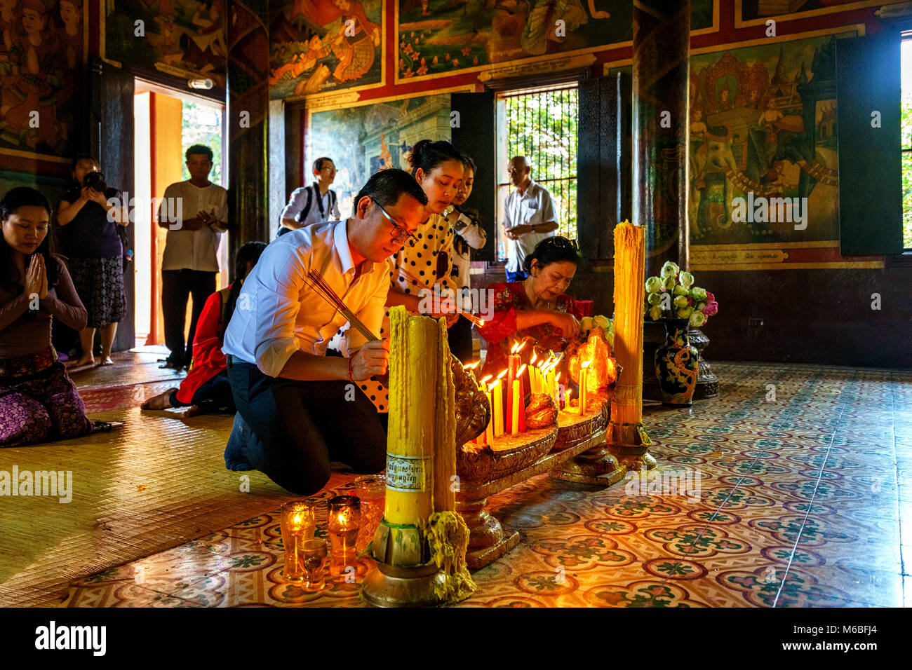 Inside the Wat Phnom temple in Phnom Penh, Cambodia. Beautiful view of ...