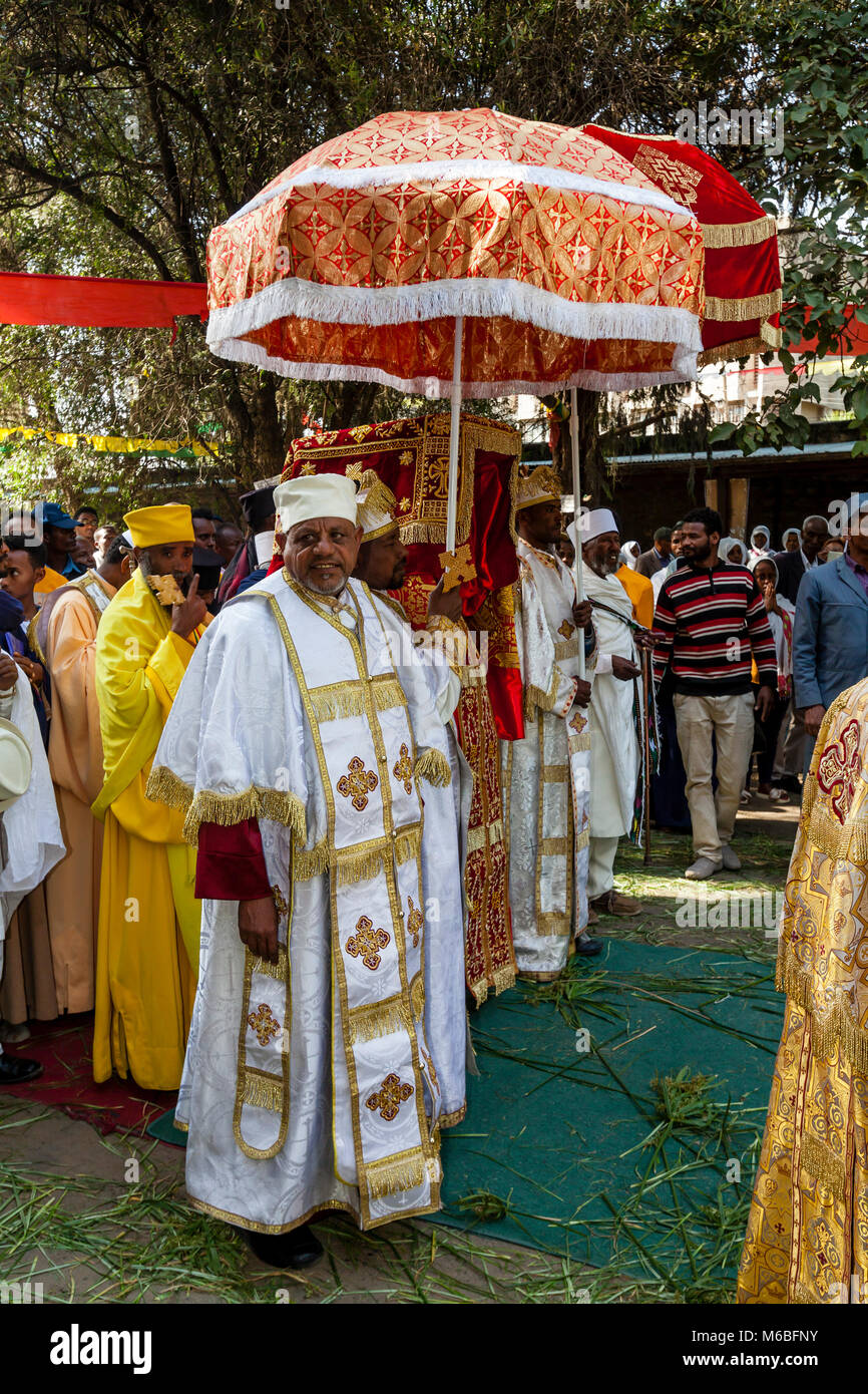 A Procession Of Orthodox Ethiopian Priests and Deacons Leaving Kidist ...