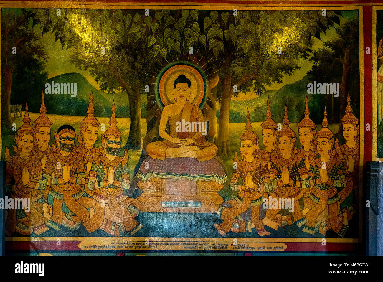 Inside the Wat Phnom temple in Phnom Penh, Cambodia. Beautiful view of ...