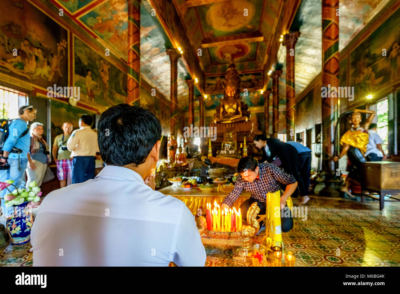 Inside the Wat Phnom temple in Phnom Penh, Cambodia. Beautiful view of ...
