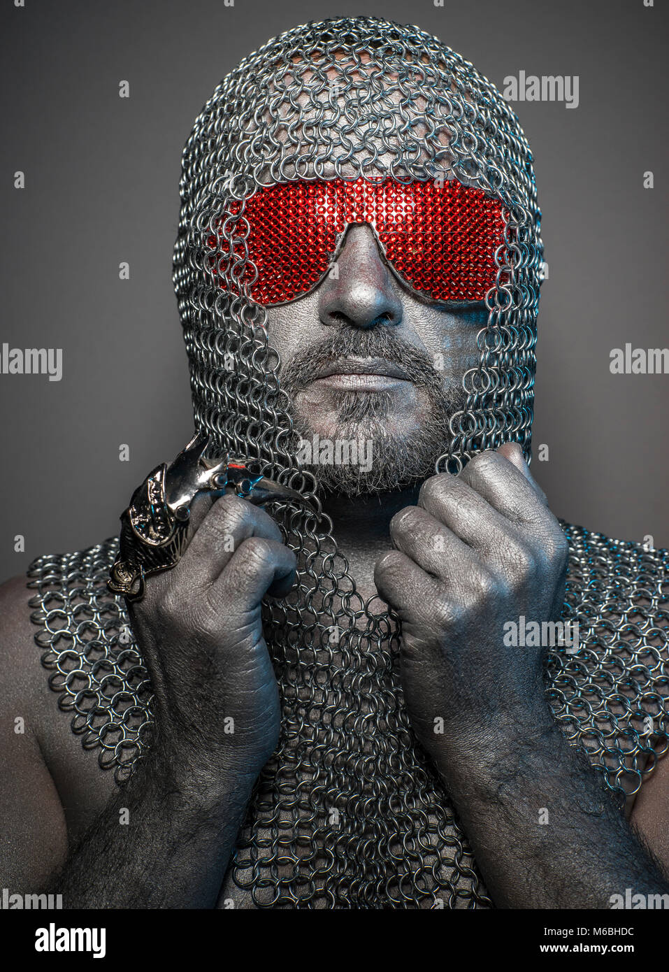 firewall, man with iron armor and red glasses, concept of protection ...