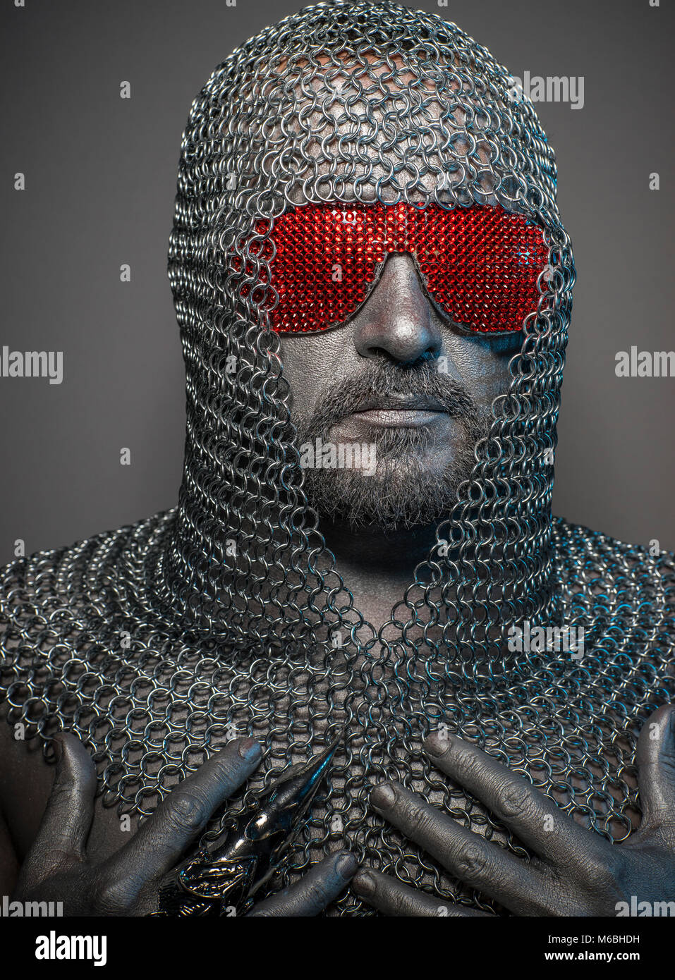 firewall, man with iron armor and red glasses, concept of protection ...