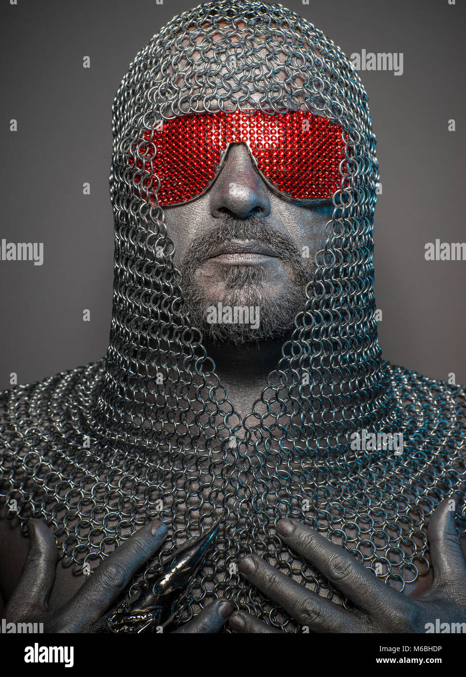 firewall, man with iron armor and red glasses, concept of protection ...