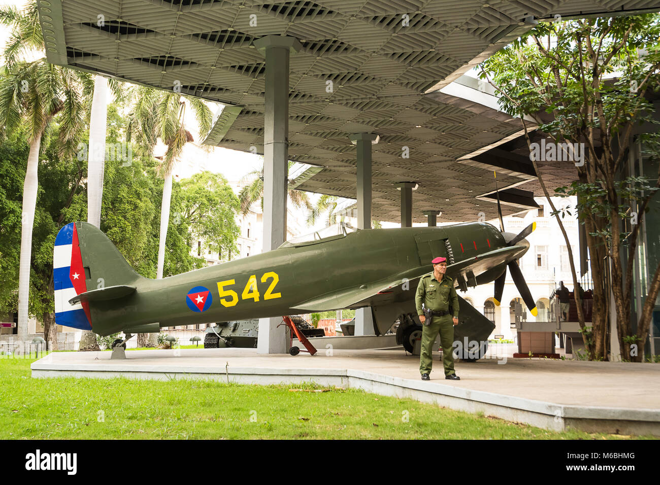 Havana, Cuba - December 10, 2017: Historic military plane with guard ...