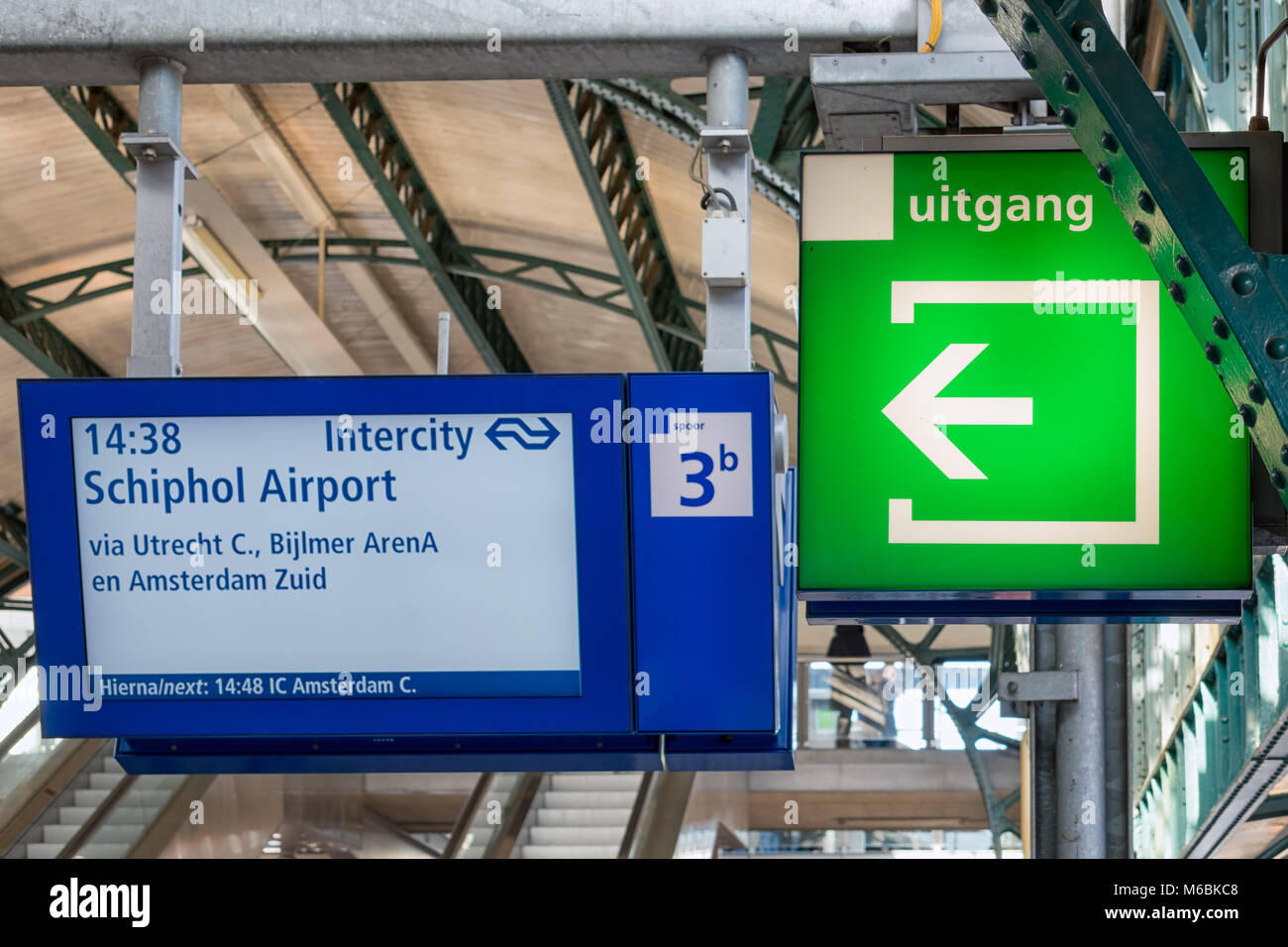 Railway station concourse with information panel and exit sign Stock ...
