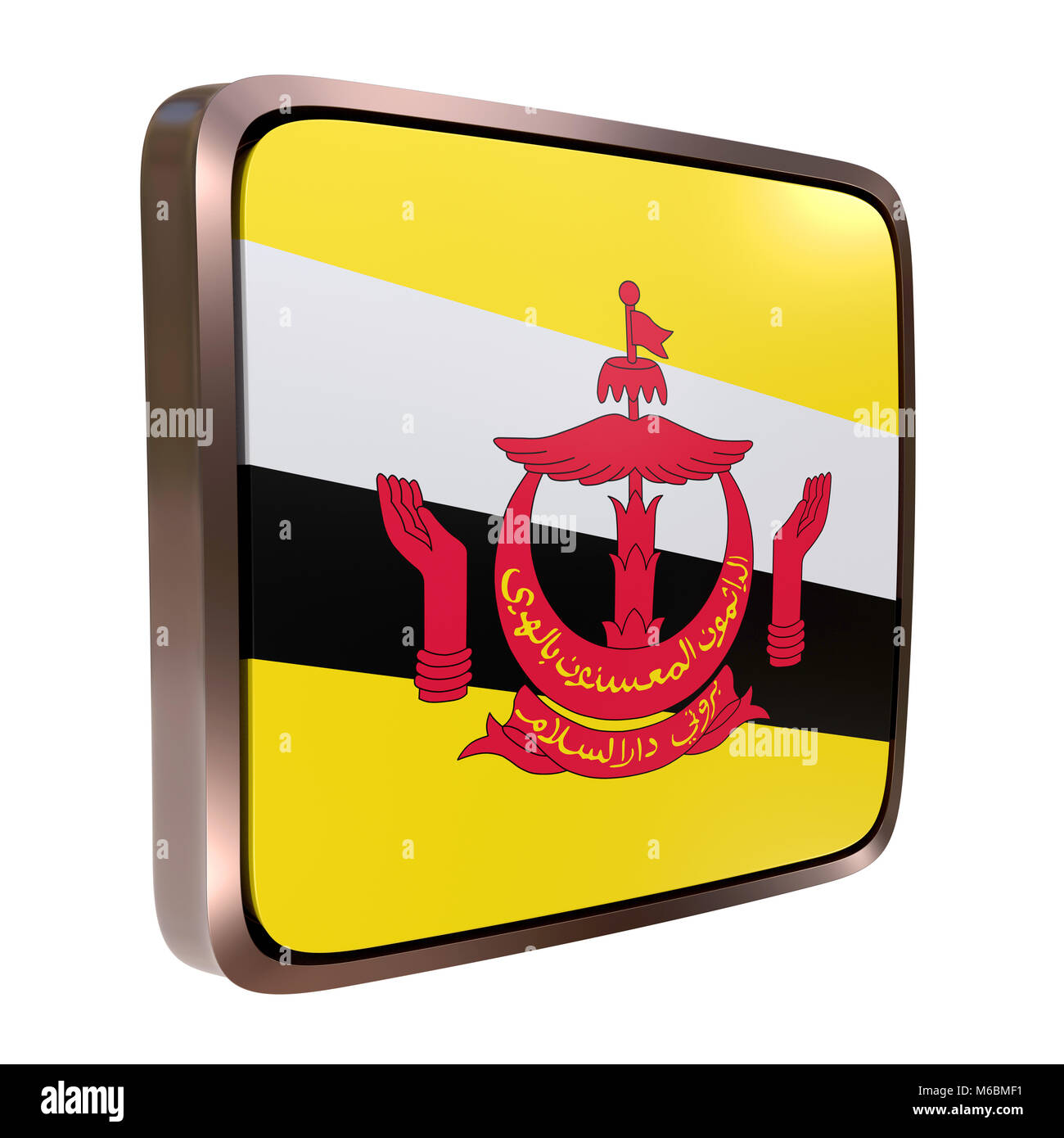 3d rendering of a Brunei flag icon with a metallic frame. Isolated on ...