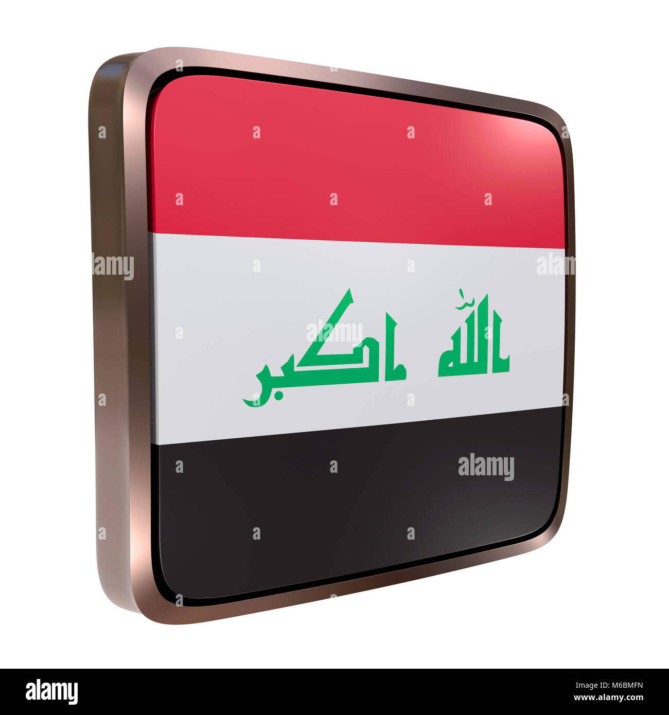 3d rendering of an Iraq flag icon with a metallic frame. Isolated on ...