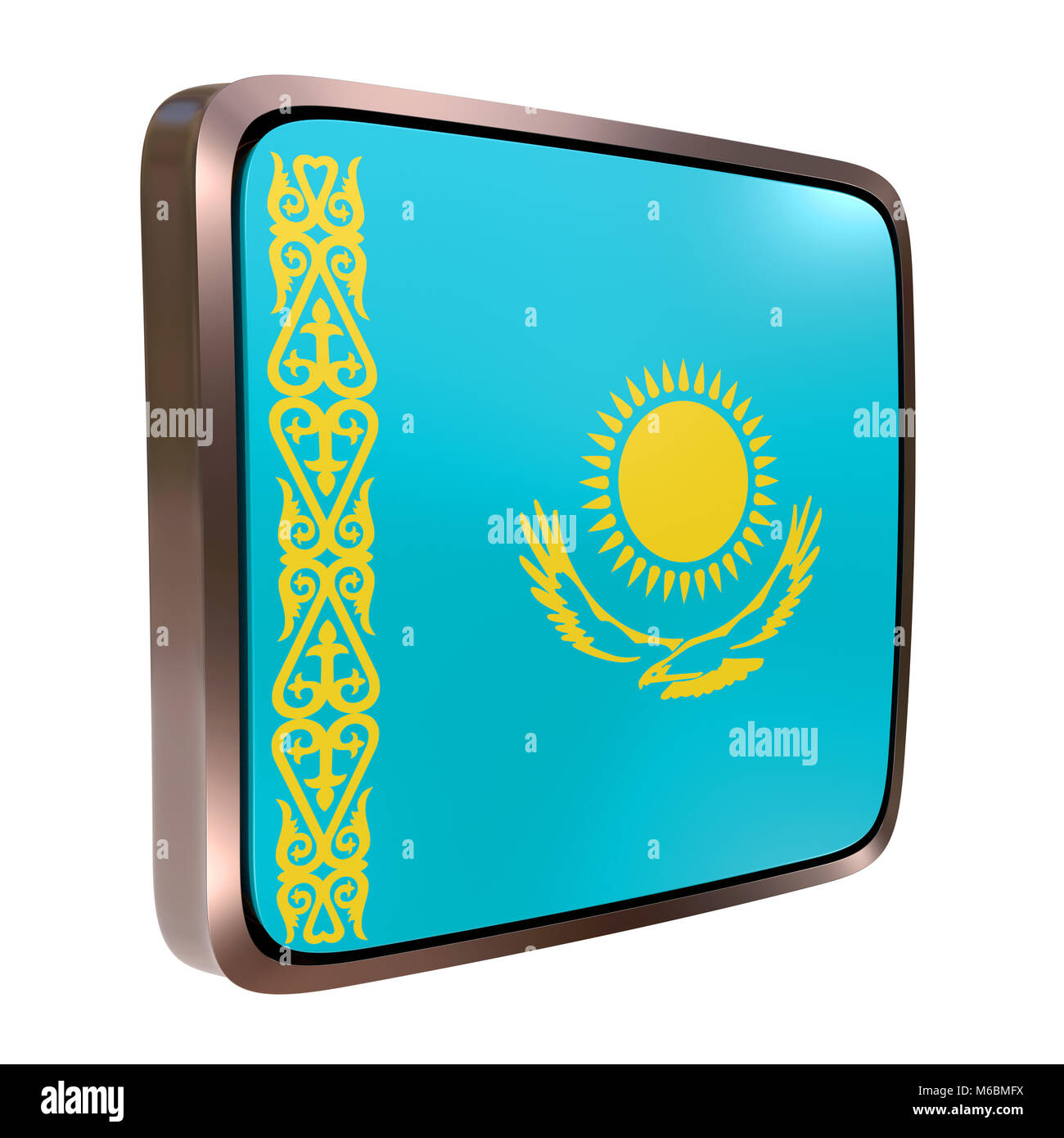 3d rendering of a Kazakhstan flag icon with a metallic frame. Isolated ...