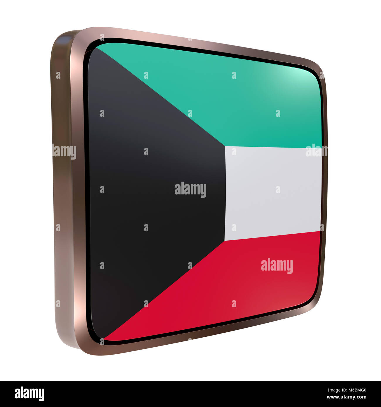 3d rendering of a Kuwait flag icon with a metallic frame. Isolated on ...