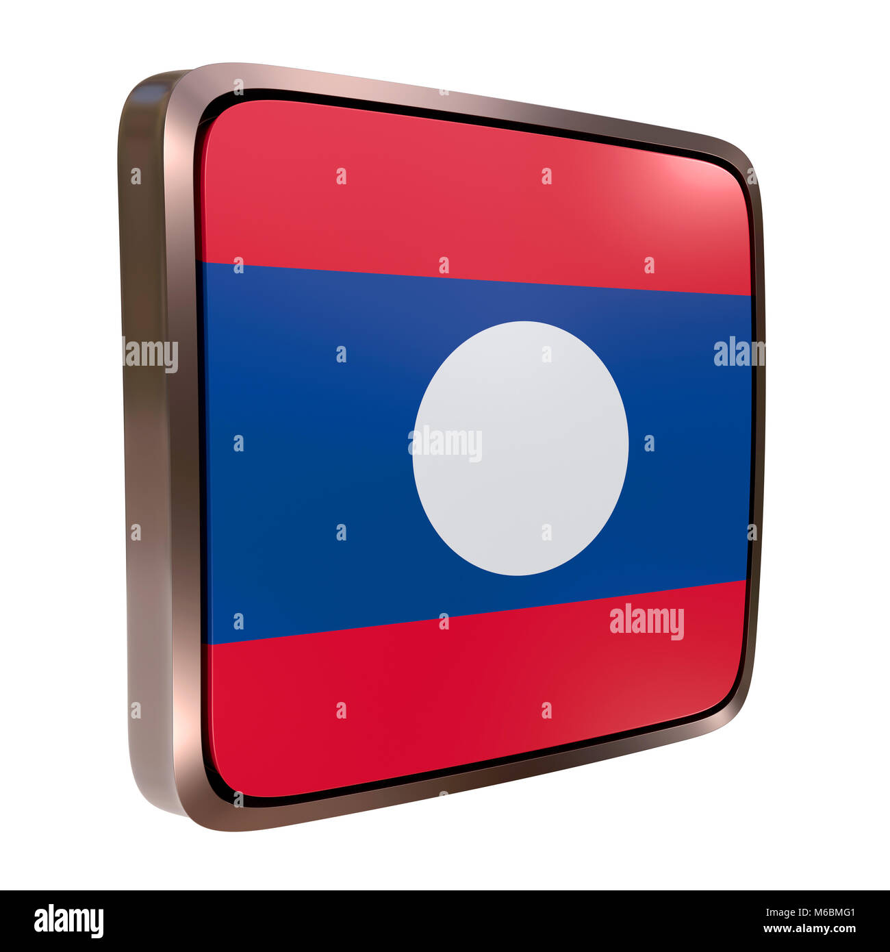 3d rendering of a Laos flag icon with a metallic frame. Isolated on ...