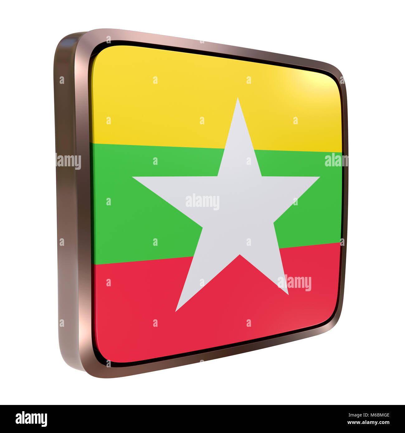 3d rendering of a Myanmar flag icon with a metallic frame. Isolated on ...