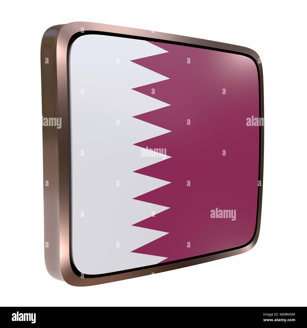 3d rendering of a Qatar flag icon with a metallic frame. Isolated on ...