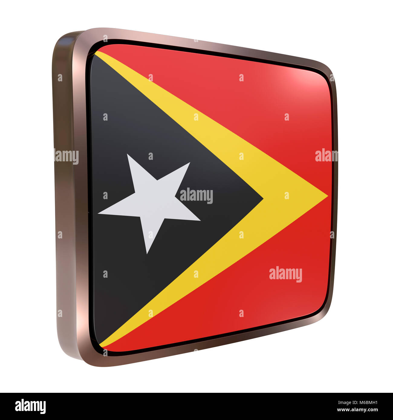 3d rendering of a Timor-Leste flag icon with a metallic frame. Isolated ...
