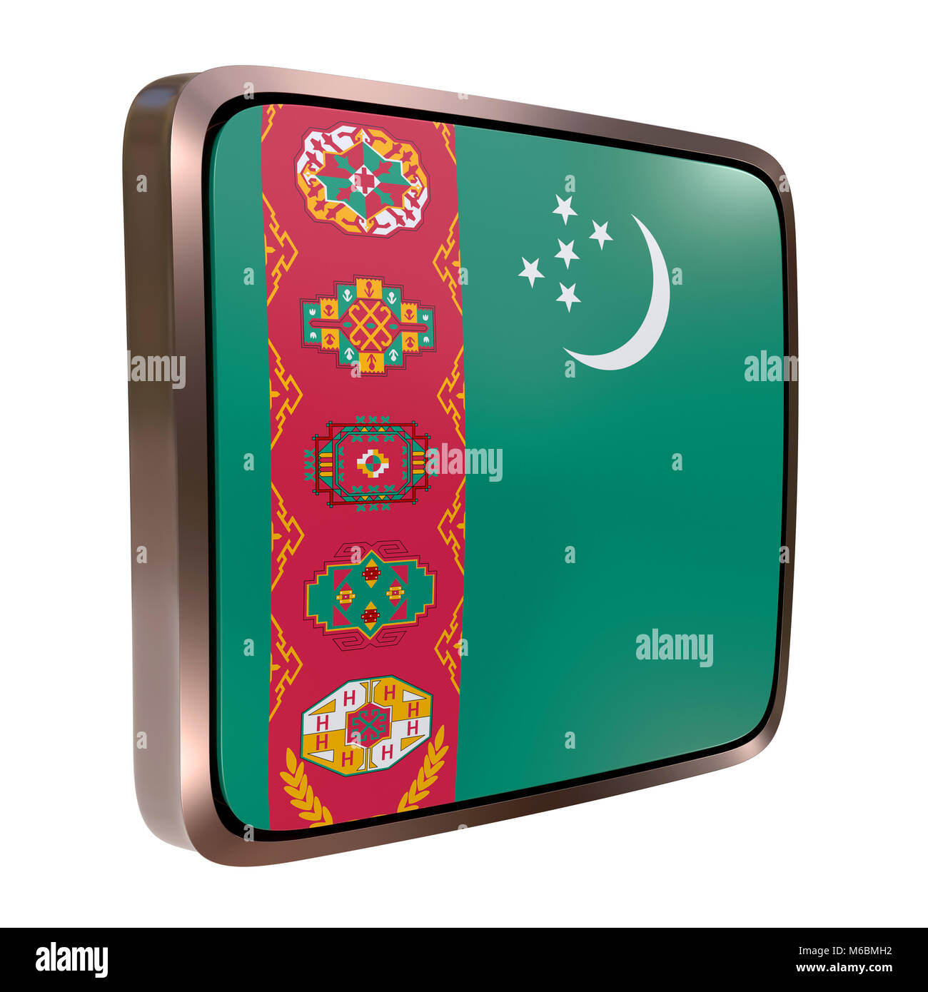3d rendering of a Turkmenistan flag icon with a metallic frame ...