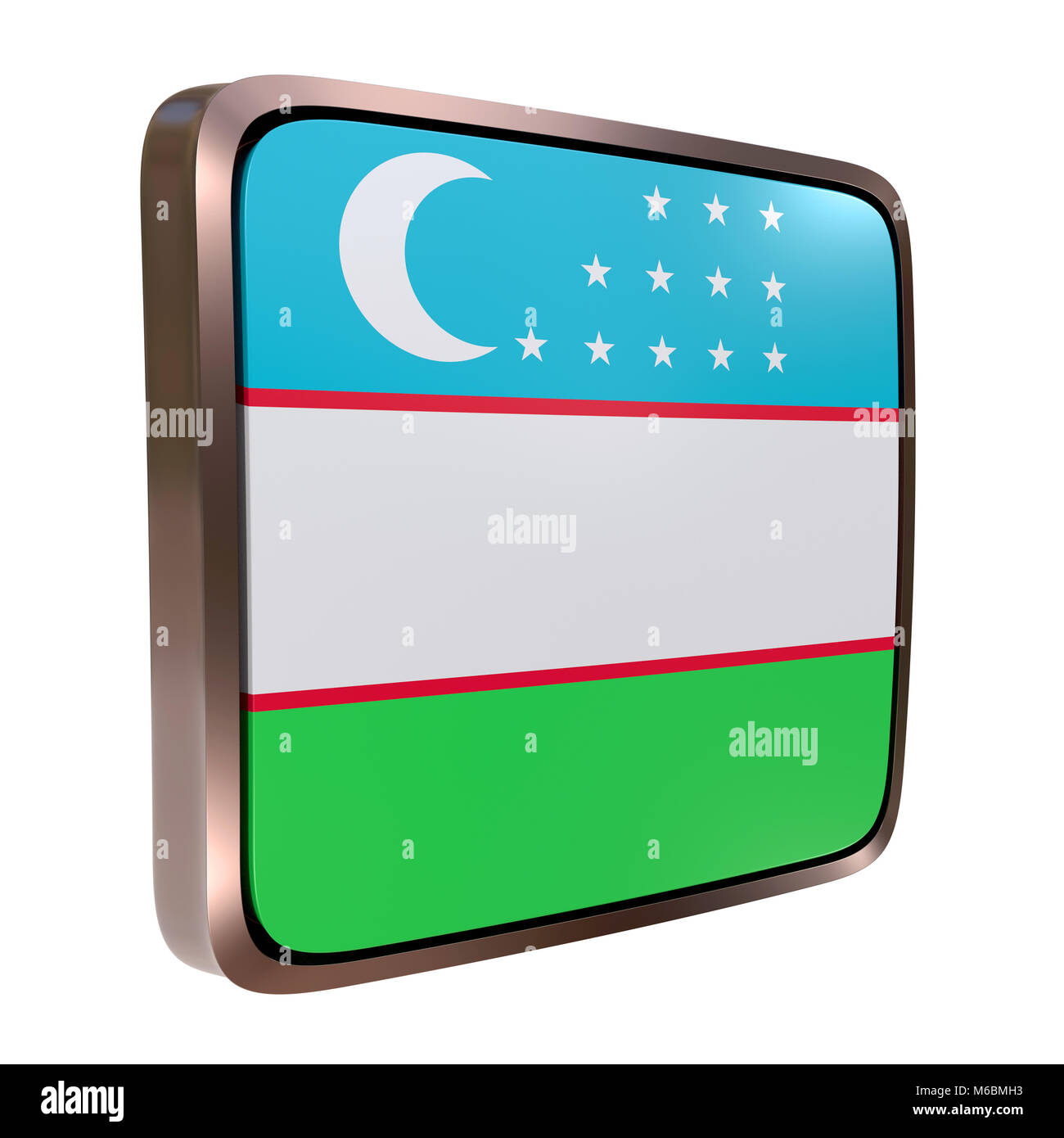 3d rendering of an Uzbekistan flag icon with a metallic frame. Isolated ...