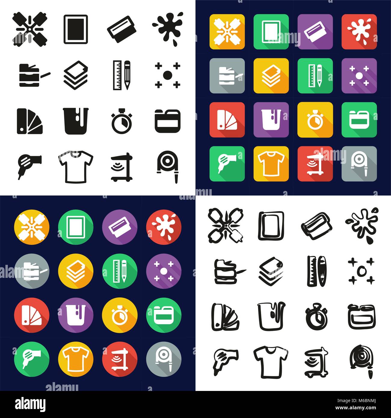 Screen Printing All in One Icons Black & White Color Flat Design Freehand Set Stock Vector Image ...