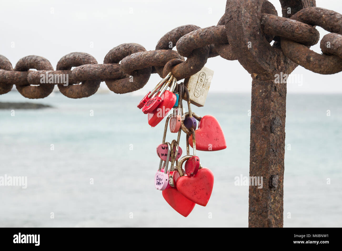 Love locks along the sea front in Playa Blanca Lanzarote Canary islands ...