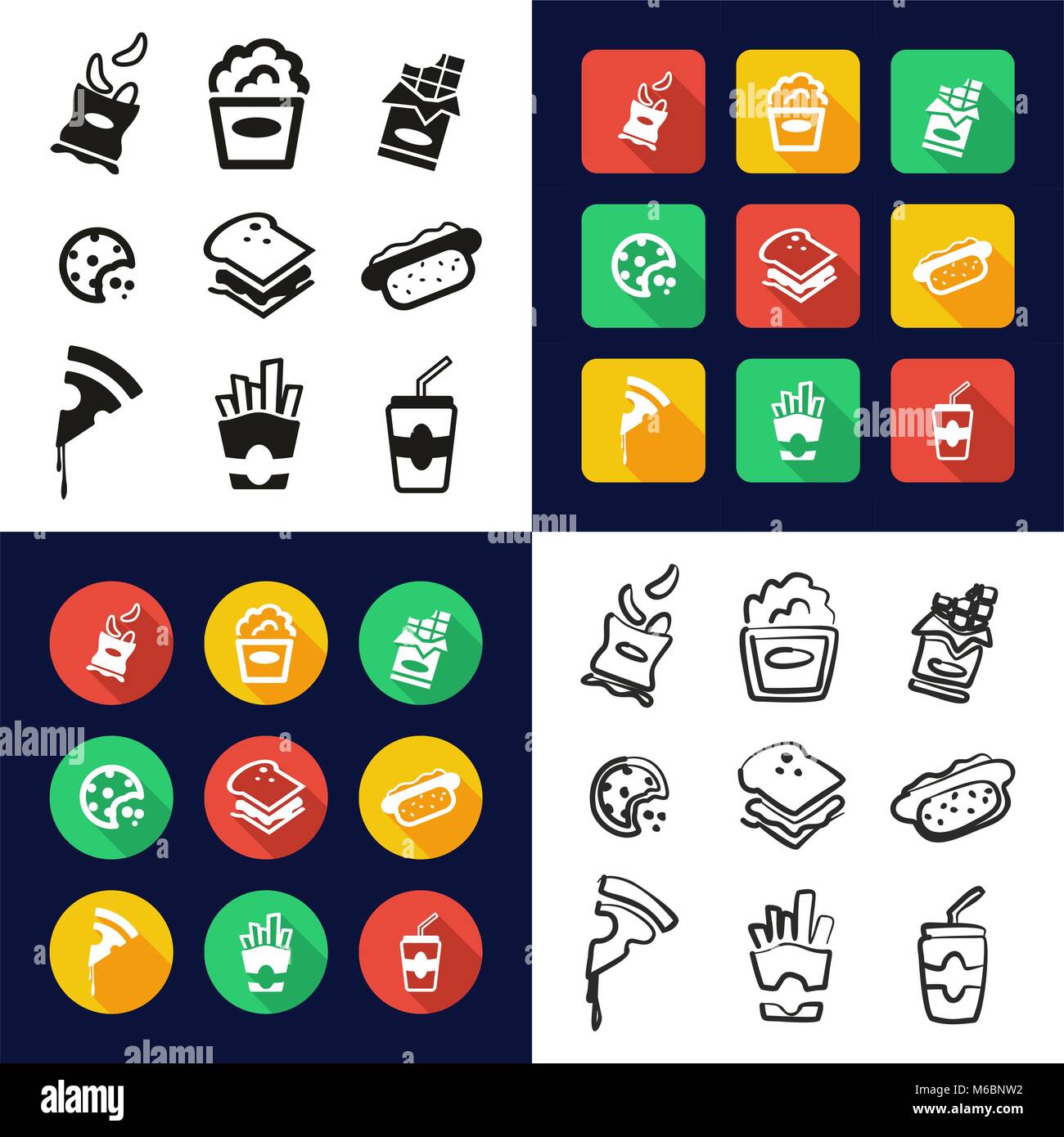 Snack All in One Icons Black & White Color Flat Design Freehand Set ...