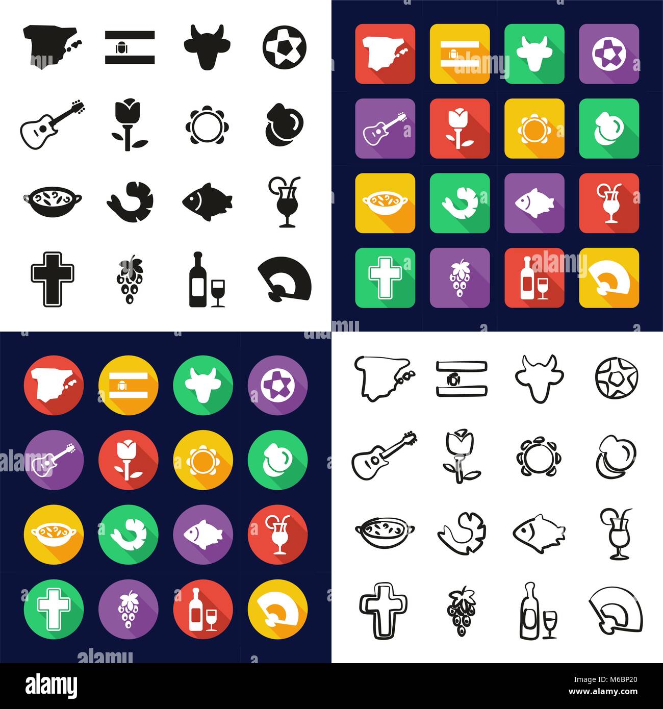 Spain All in One Icons Black & White Color Flat Design Freehand Set ...