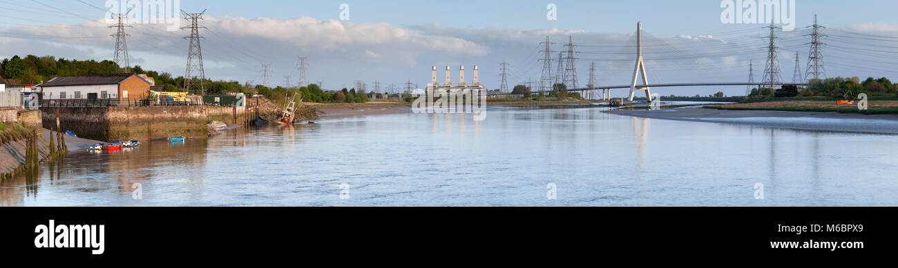 Suspension bridge, power station and pylons at Deeside, North Wales on ...