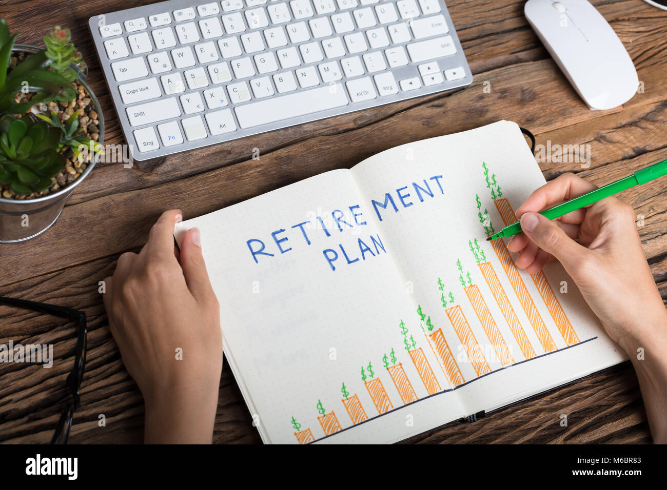 Elevated View Of A Human Hand Drawing Retirement Plan Growth Concept On ...