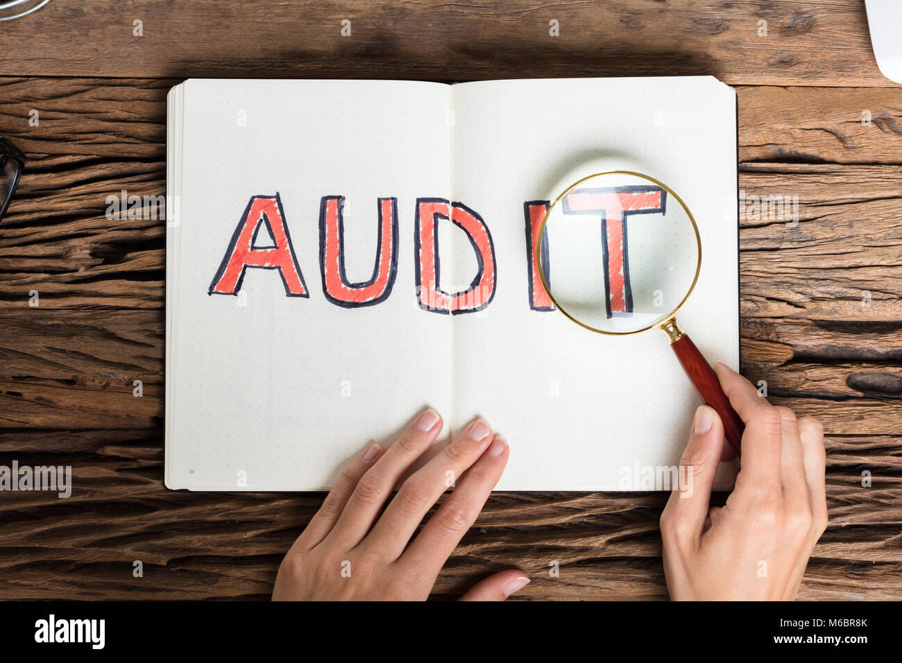 High Angle View Of A Businessperson Analyzing Audit Text With ...