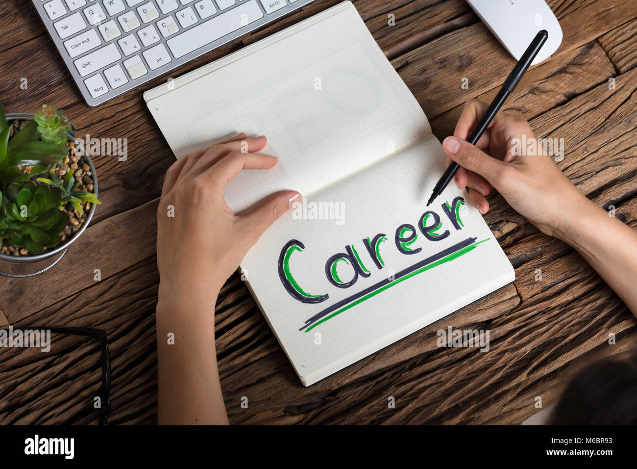 Elevated View Of A Human Hand Drawing Career Concept On Notebook Stock ...