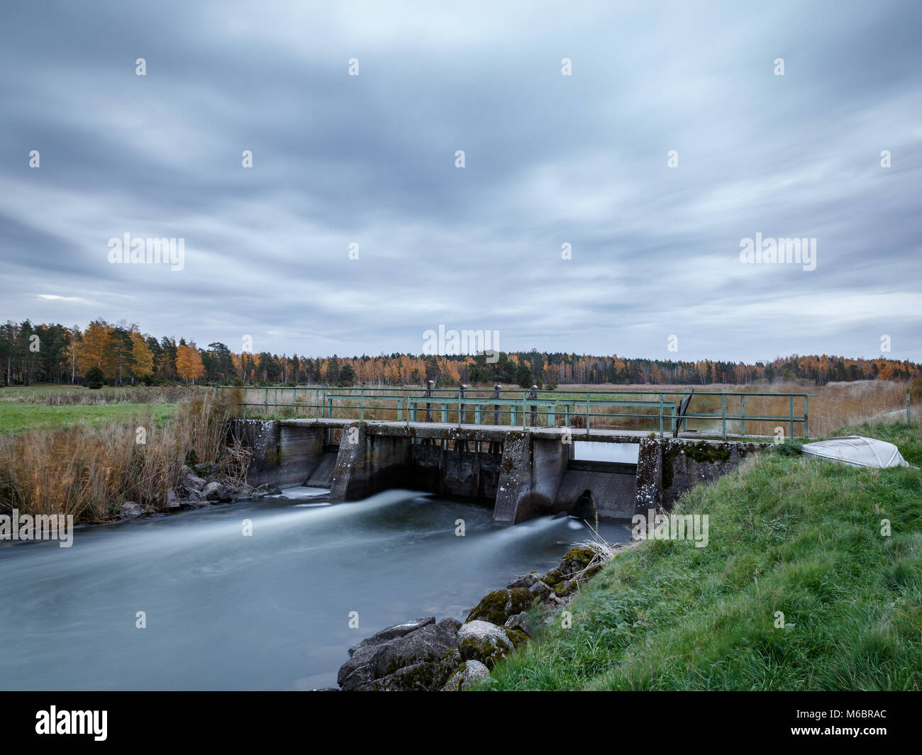 A small dam on a river with forest in the background Stock Photo - Alamy
