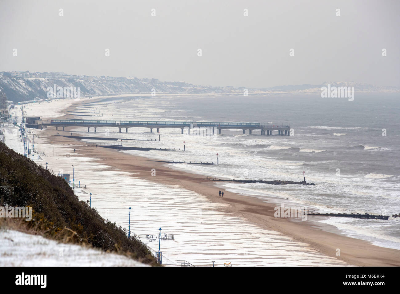 Snow on Bournemouth beach in Dorset, as the severe weather conditions ...