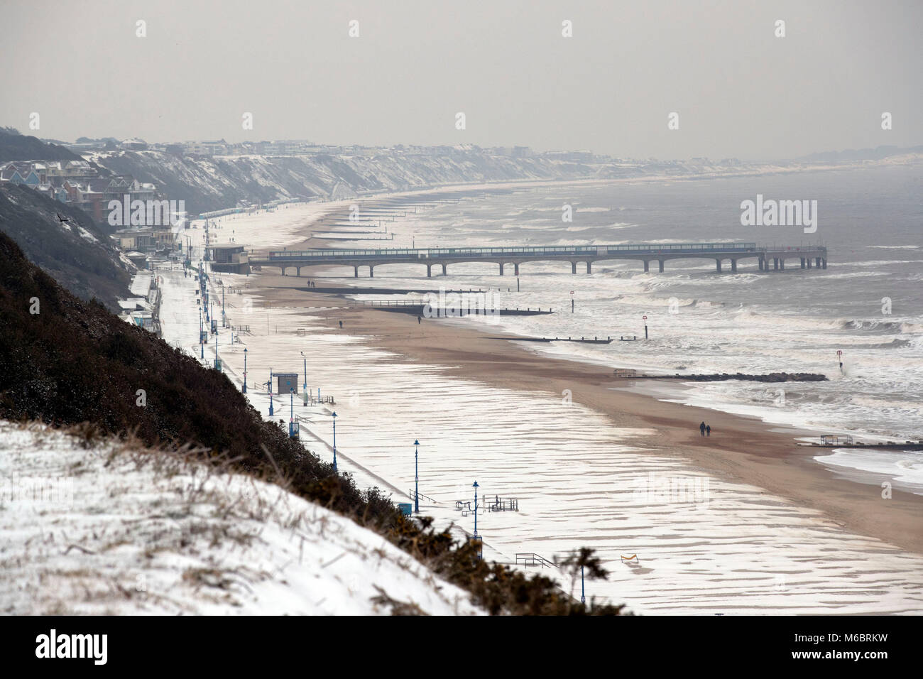 Snow on Bournemouth beach in Dorset, as the severe weather conditions ...