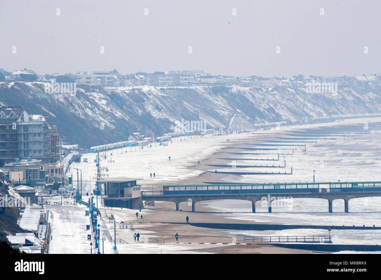 Snow on Bournemouth beach in Dorset, as the severe weather conditions ...