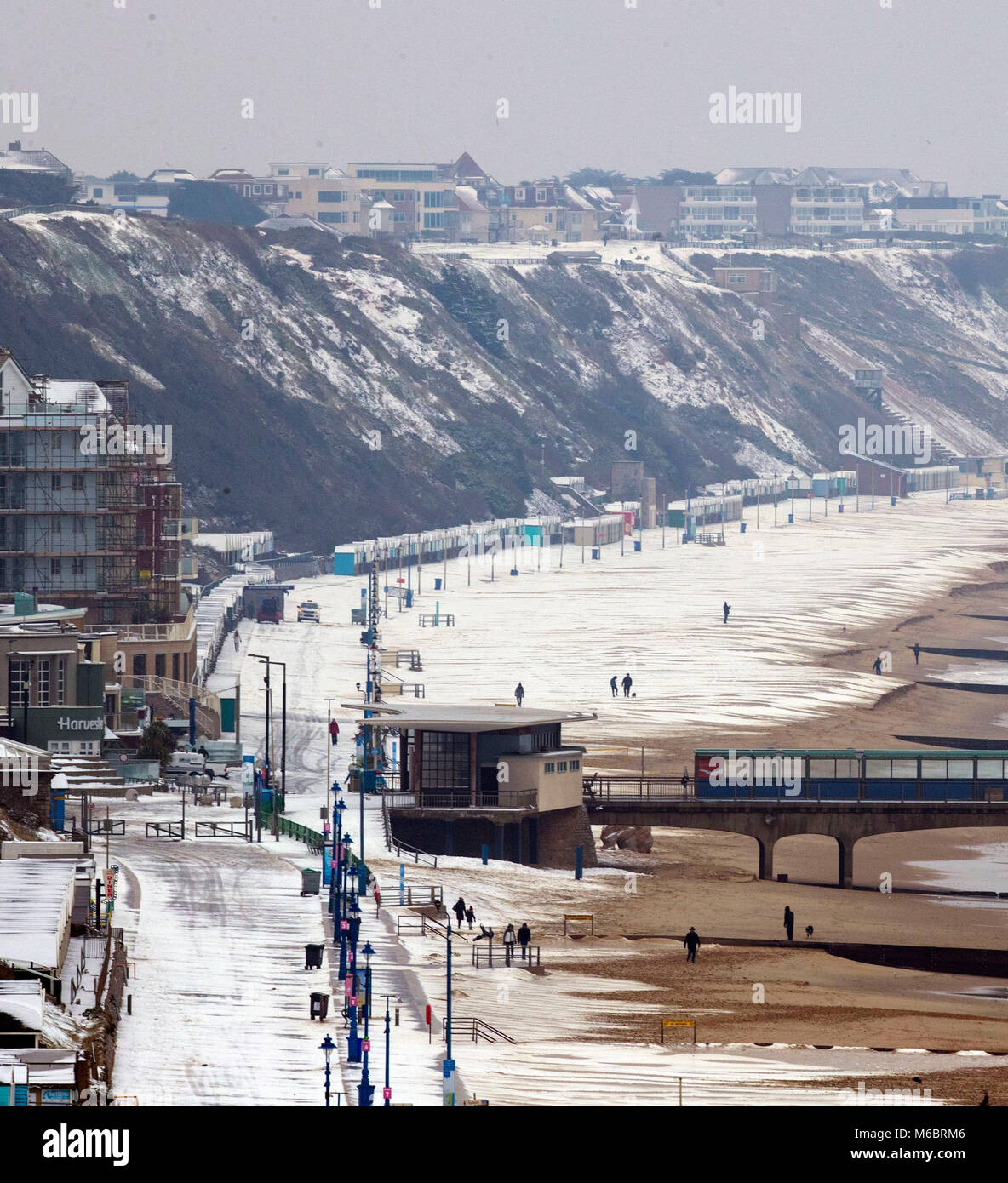 Snow on Bournemouth beach in Dorset, as the severe weather conditions ...