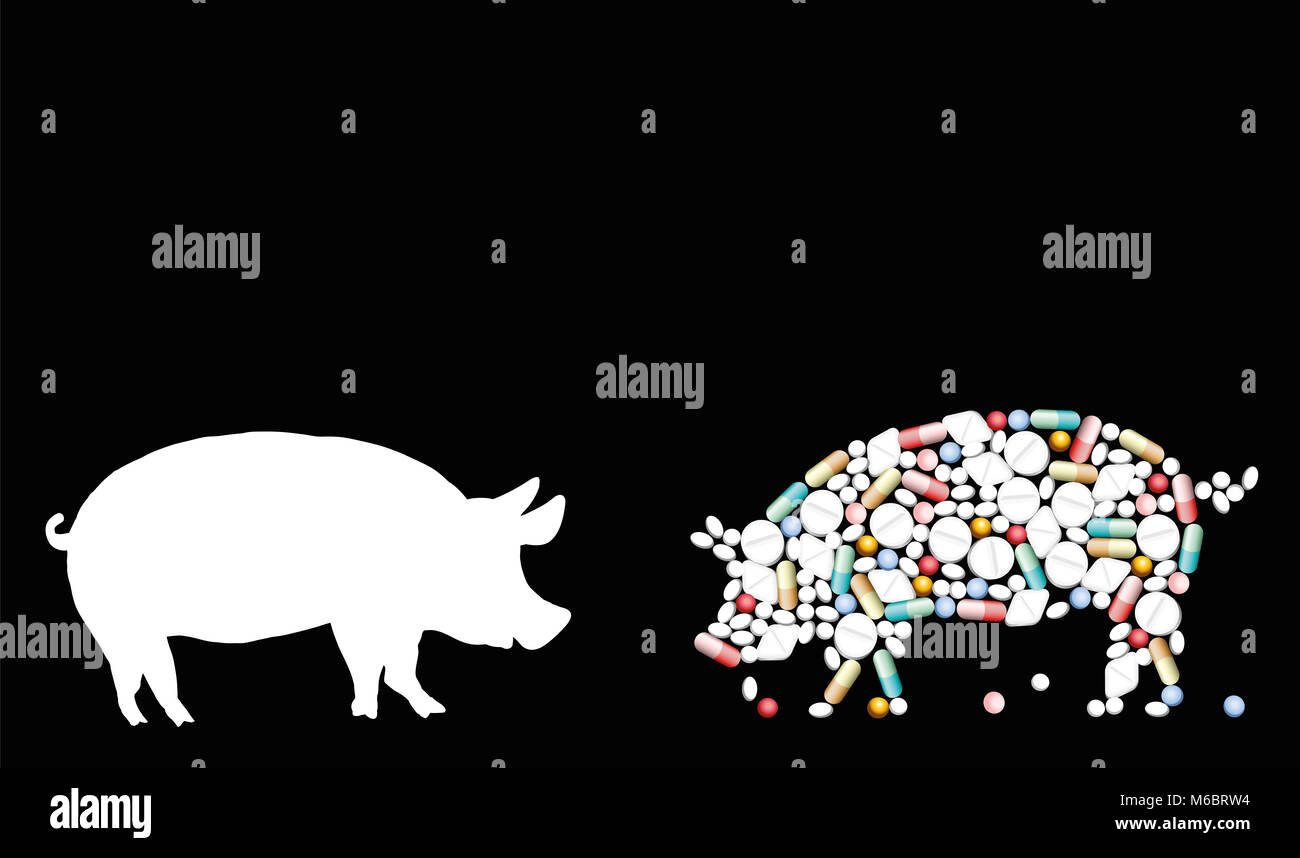 Pills that shape a pig. Symbol for animal healthcare issues, medicine ...