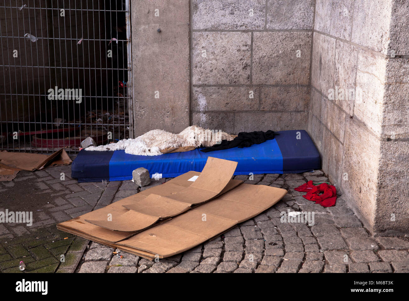 sleeping berth of a homless person under the Deutzer bridge, Cologne ...