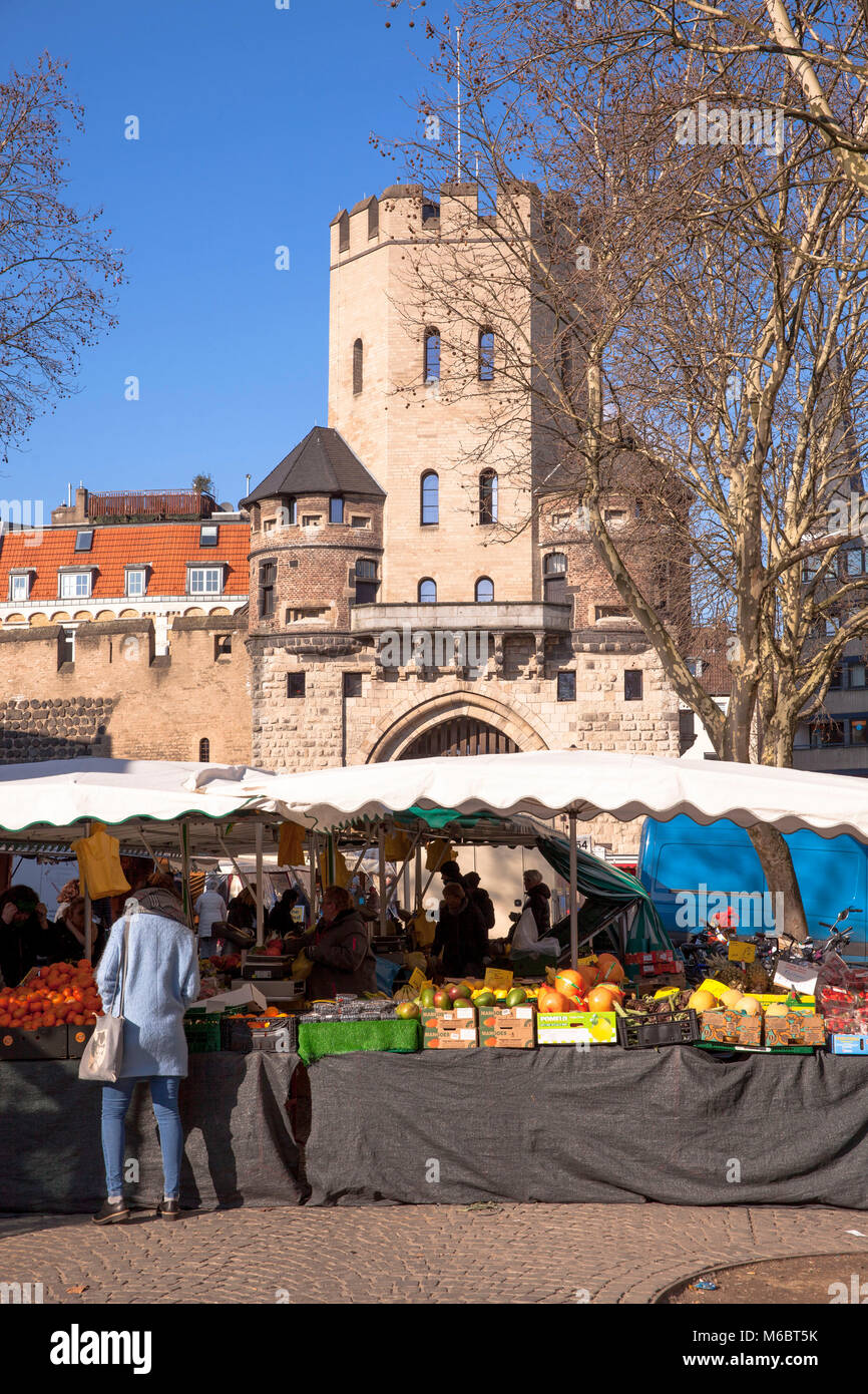 Germany, Cologne, market in front of the historic town gate ...