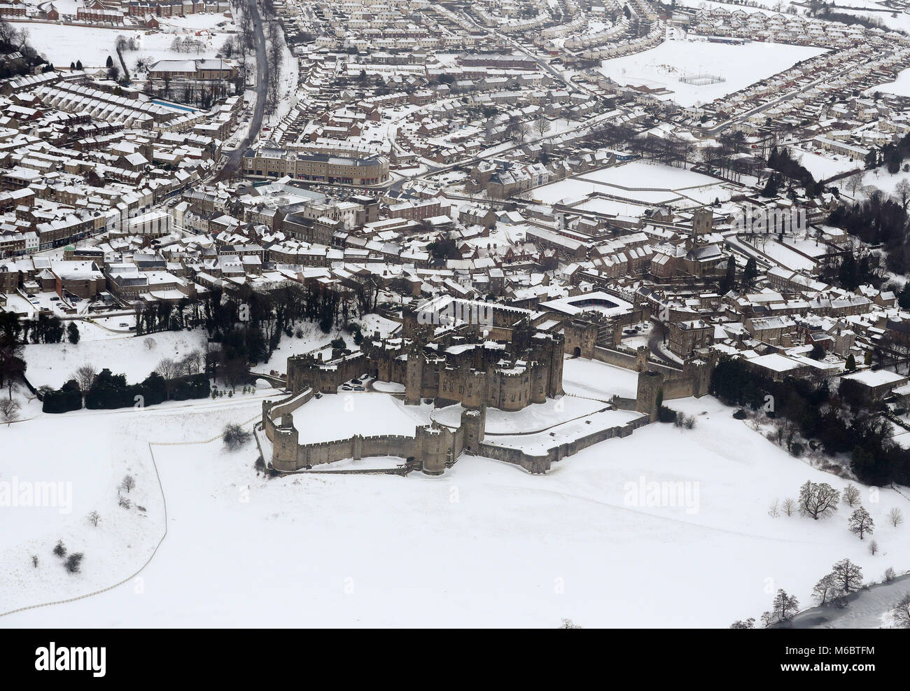 Aerial view of a snow covered Alnwick Castle as the severe weather ...