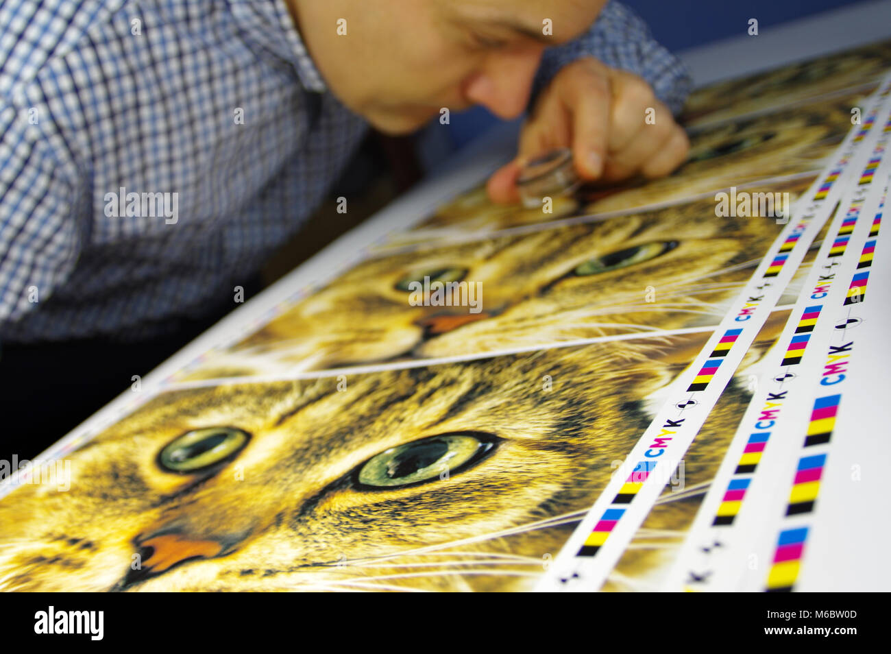 Printer looking at test cmyk registers on printout using magnifier ...