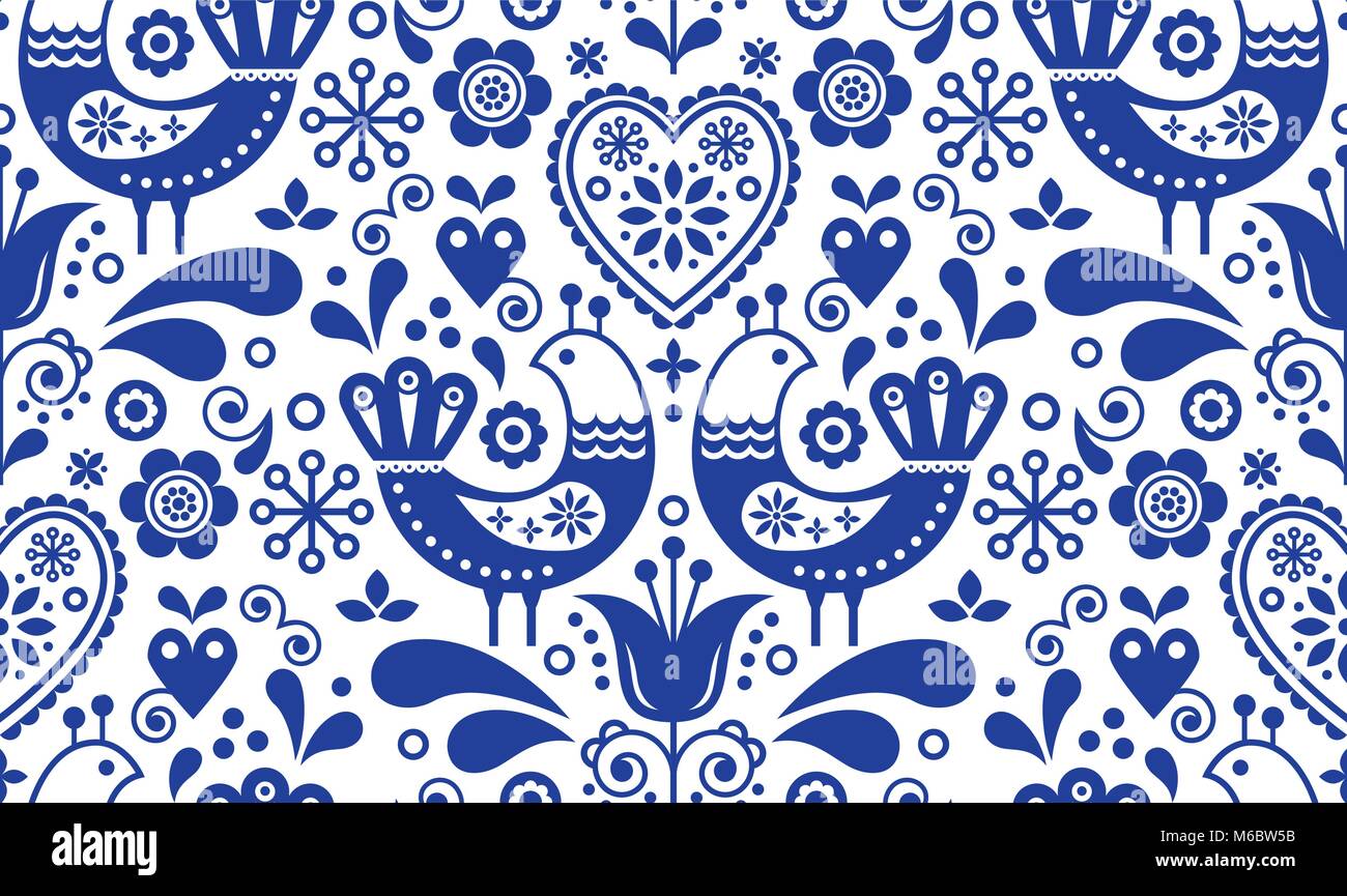 Scandinavian seamless folk art pattern with birds and flowers, Nordic ...
