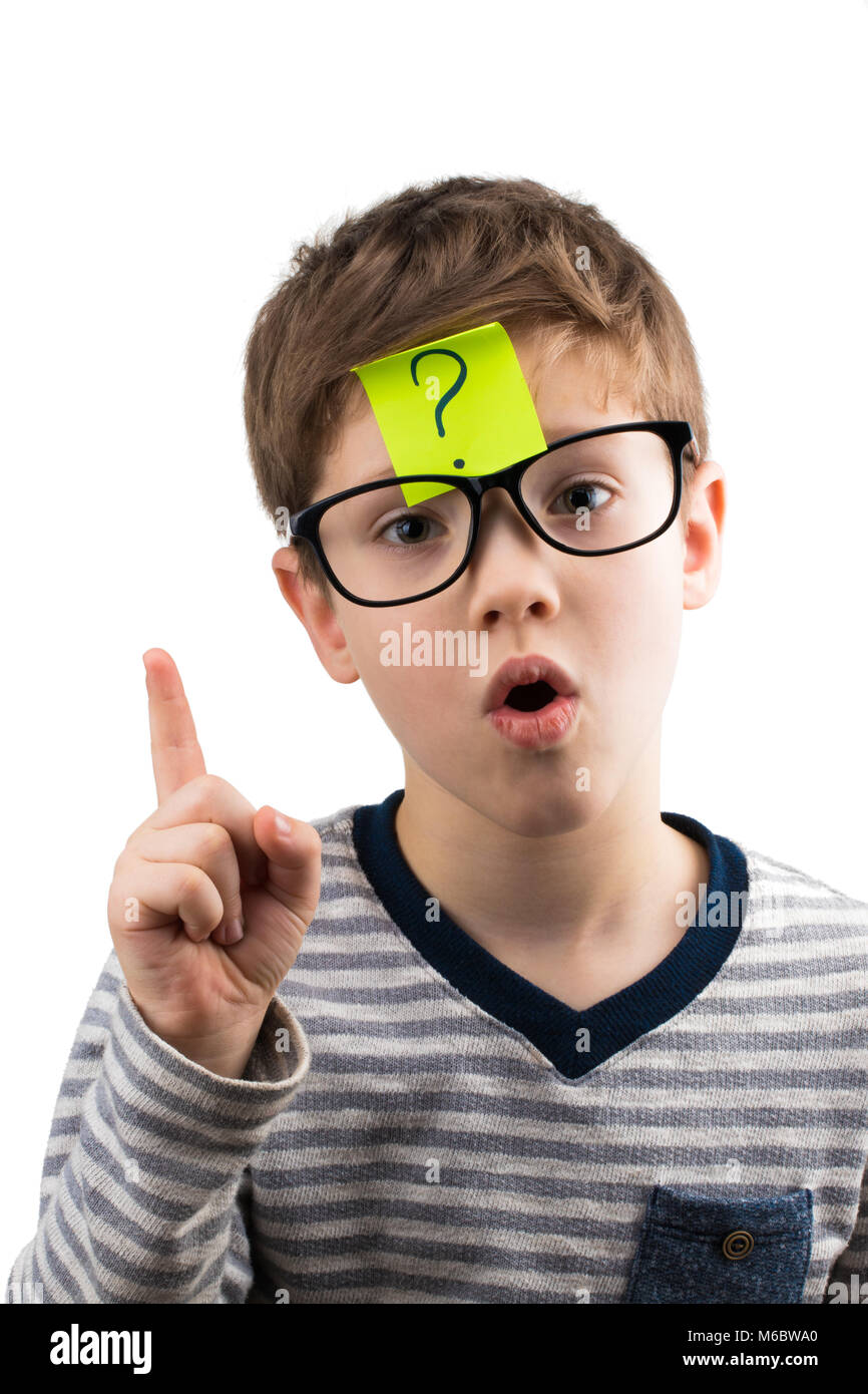 Confused boy thinking with question mark on sticky note on forehead ...