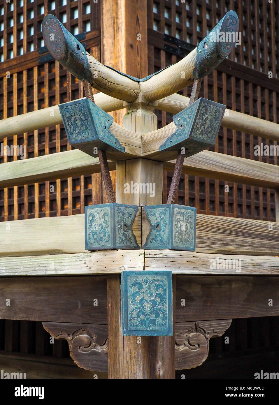 Ancient Shinto shine corner post decorations in Tokyo, Japan ...