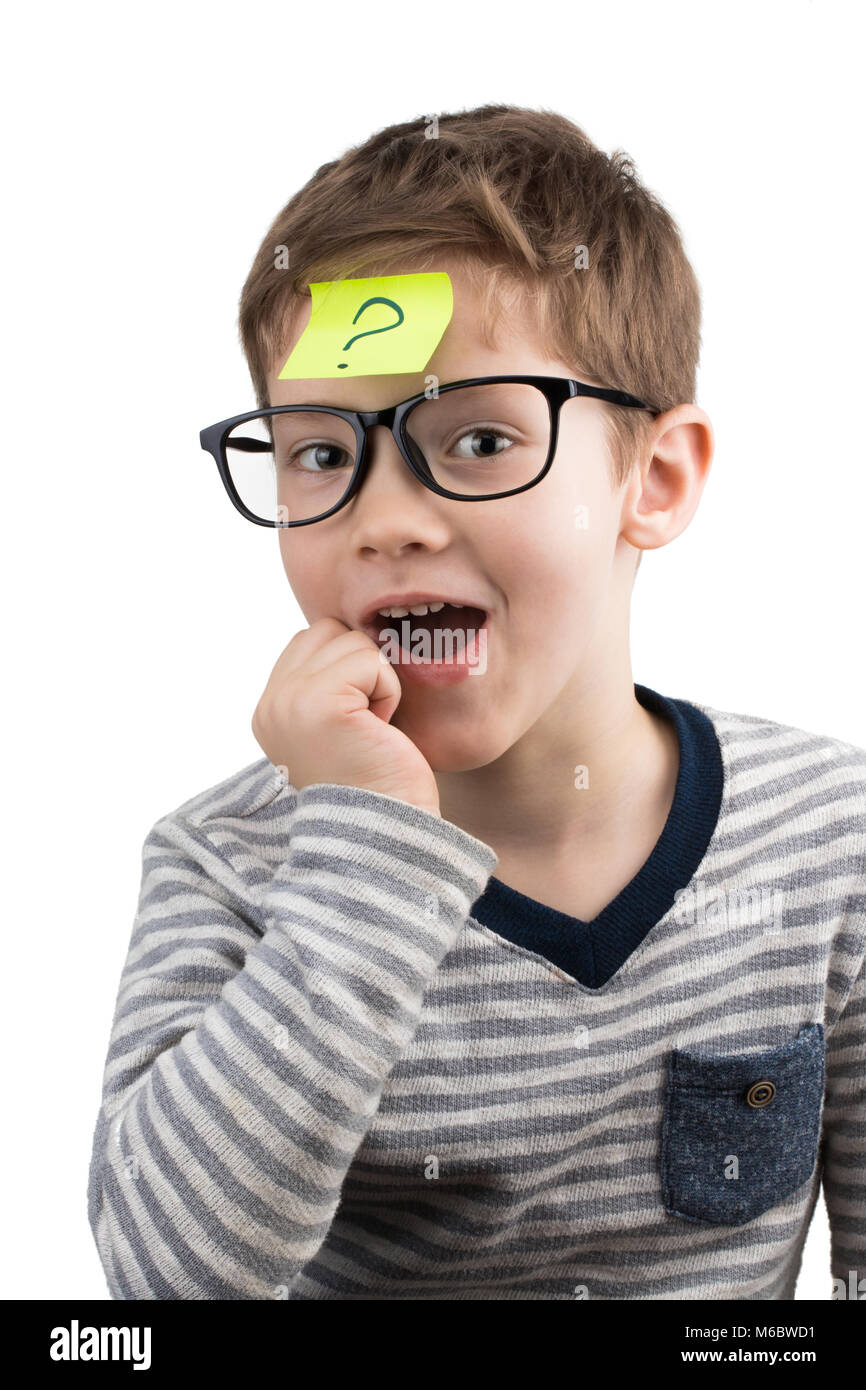 Confused boy thinking with question mark on sticky note on forehead ...