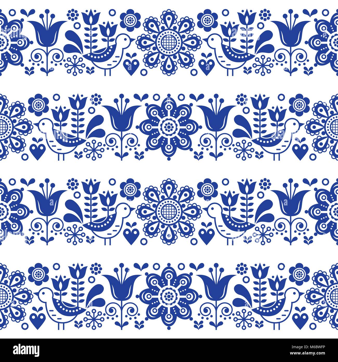 Folk art seamless vector floral pattern, Scandinavian navy blue ...